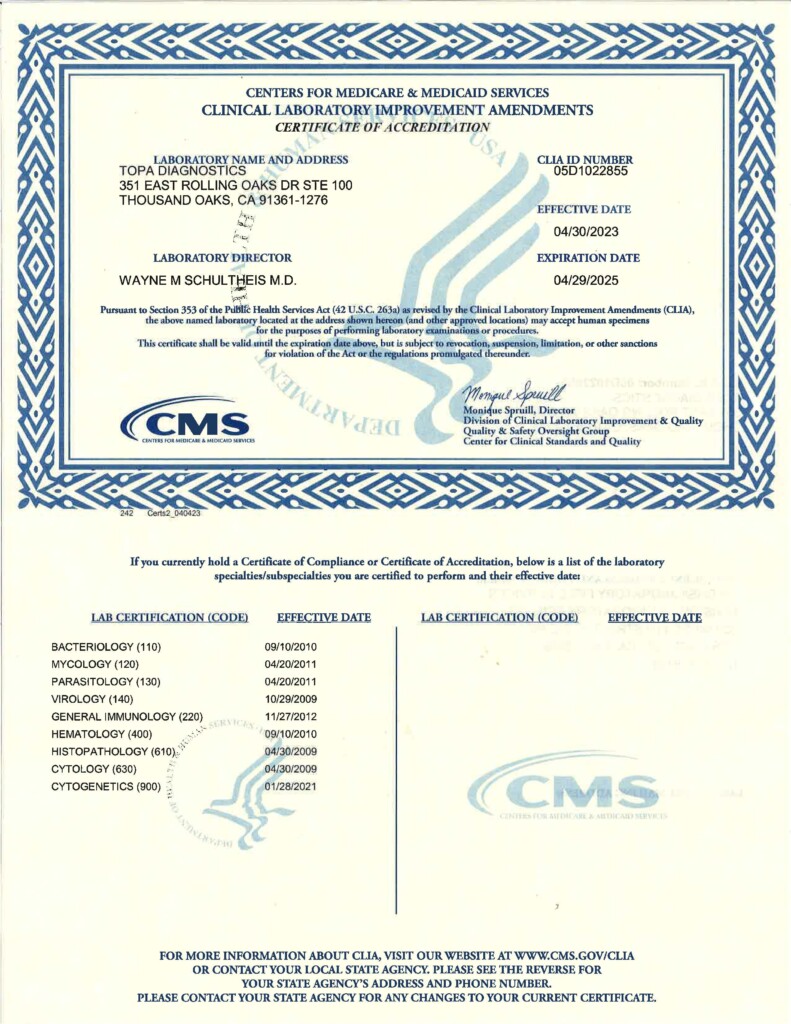 Accreditations & Licenses - TOPA Diagnostics